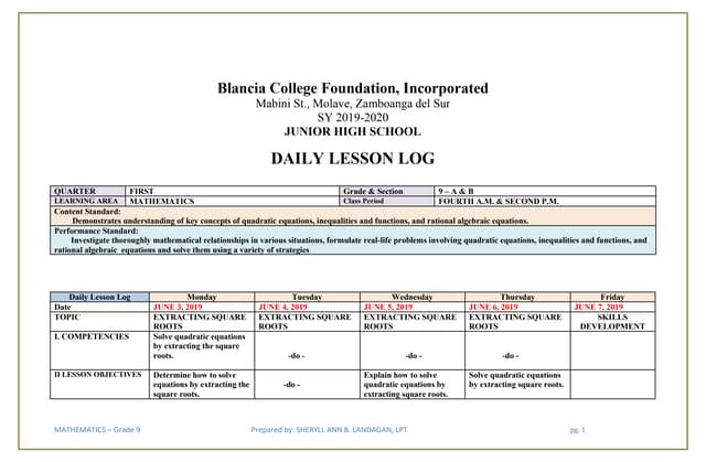 LESSON LOG IN GRADE 9 MATH docx lesson-log-in-grade-9-math-docx