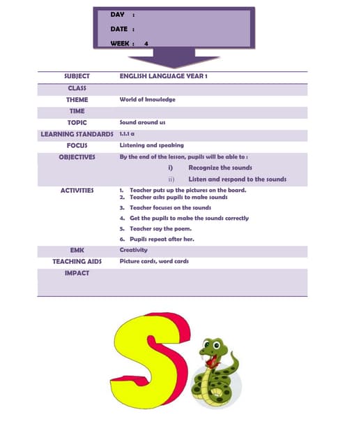 English lesson plan Year 1 - iwear