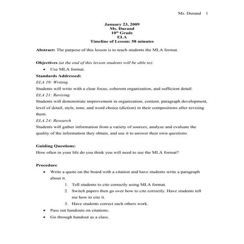 Lesson On Mla | DOC