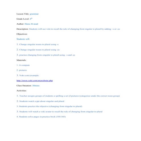 Lesson plan for singular and plural nouns | DOCX