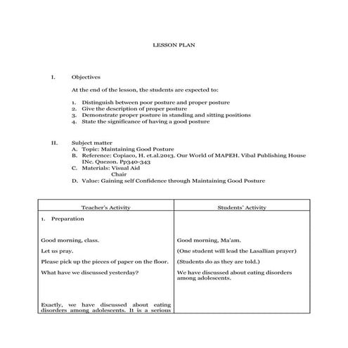 Lesson plan on good posture | DOCX