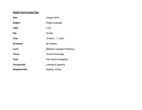 English Year 4 Listening and speaking lesson plan | PDF