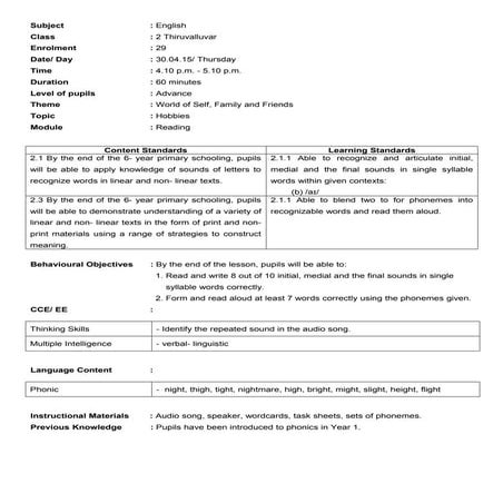 Lesson plan Year 2 KSSR SJK | DOC