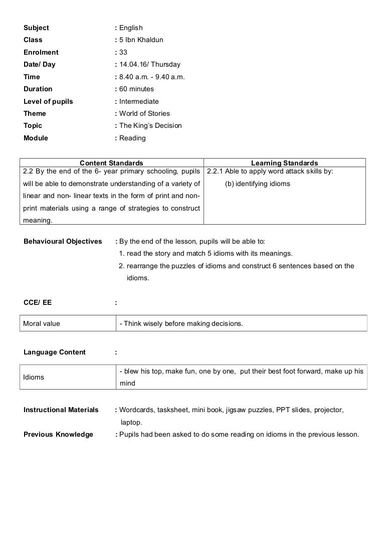 Lesson plan Year 5SK (Topic: The King's Decision)