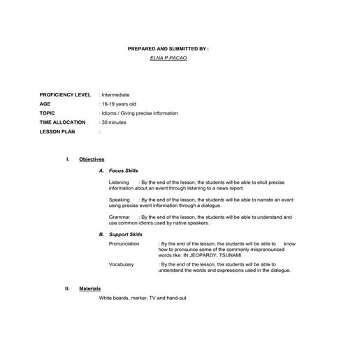 Lesson plan Part 1 for TESOL | PDF