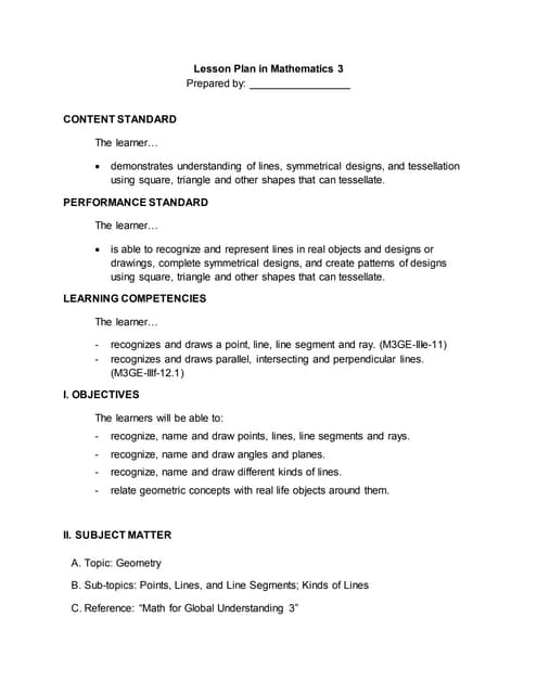 COT Lesson Plan Mathematics 3 Points, Line, Line Segment and Ray | DOC ...