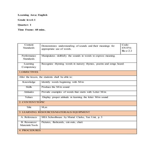 Lesson plan in preschool letter mm | DOCX