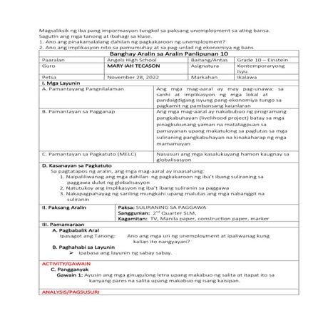 Lesson Plan-AP 10 QUARTER 2 SULIRANIN SA PAGGAWA | DOCX