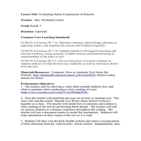 Lesson plan: Evaluating safety components of schools | PDF
