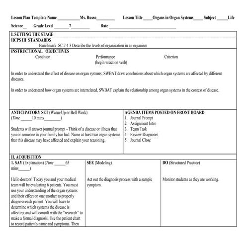 Lesson Plan Organ System Relationships | PPT