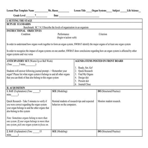 Lesson Plan Organ Systems | DOCX