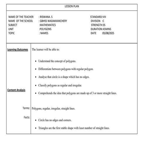 LESSON_PLAN of unit polygons for class 8th, SCERT syllabus | PDF