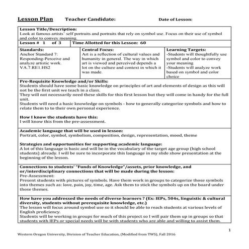 Lesson Plan - Symbols and Self Portraits | PDF