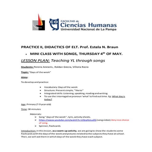 Lesson plan teaching yl through songs- roldán%2c villoria%2c pereira | PDF