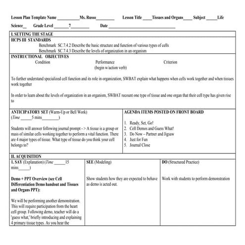 Lesson Plan-Tissues and Organs | DOCX | Biological Sciences | Science
