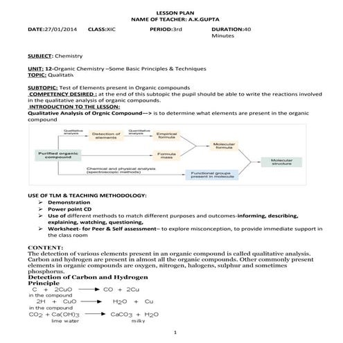 Lesson plan Class XI Chemistry CBSE Topic Lassaigne's Test | PDF