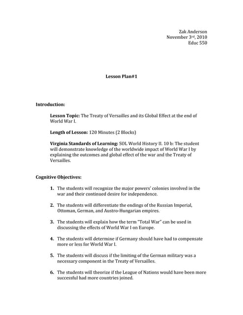 Lesson Plan B Treaty Of Versailles | PDF | Homework and Study | Education