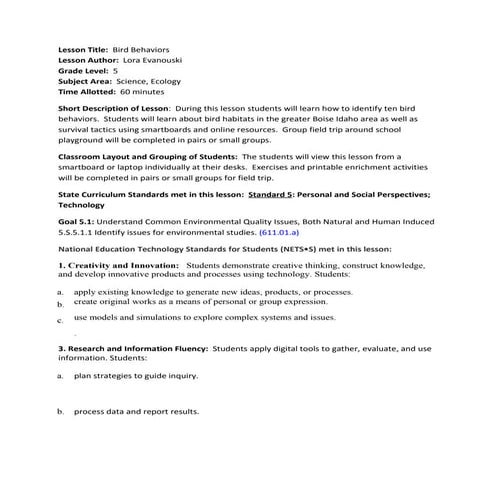 Bird Behavior Lesson Plan | RTF | Birds | Pets