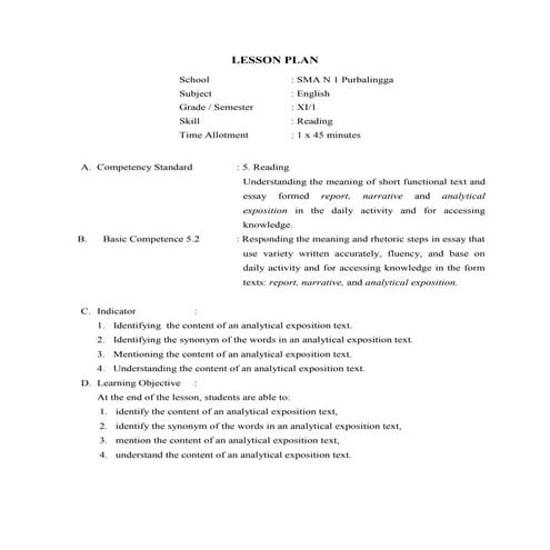 Lesson plan for Reading Skill | DOCX