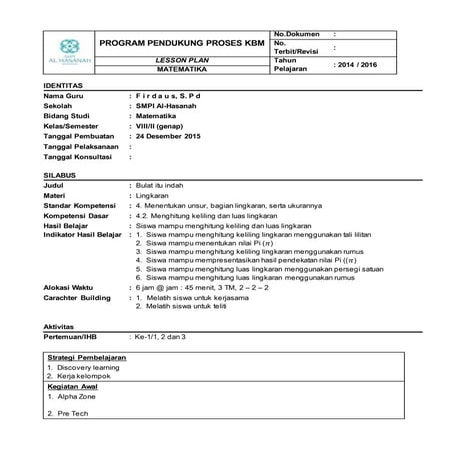Lesson plan 2 matematika kelas 8 (keliling dan luas lingkaran) | PDF