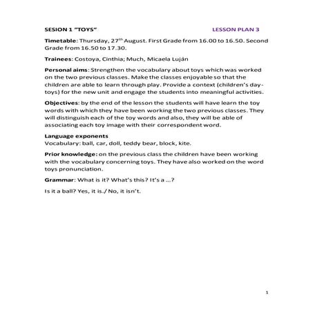 Primary level- Lesson plan 1- Toys | DOCX