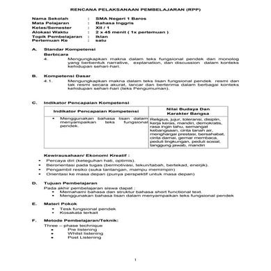 Lesson plan 3 sampel rpp b.inggris sma berkarakter kls xii smt1 | DOCX