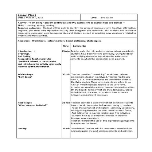 Lesson plan 4 octavo basico present continuos | DOCX