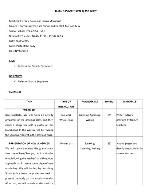 Lesson plan-in-science- (PARTS OF THE BODY) | PDF