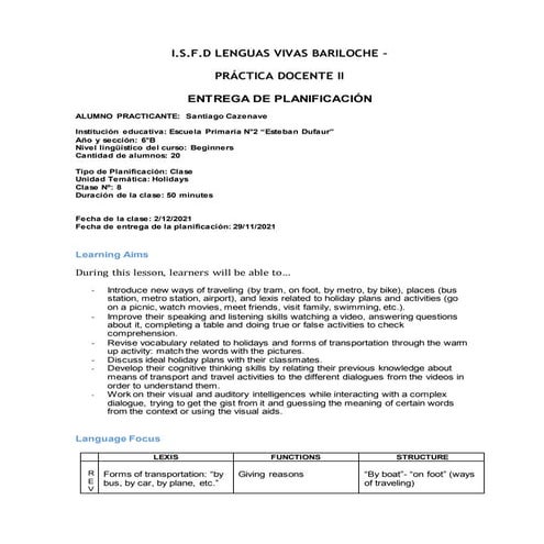 Lesson plan 8 práctica docente II - Santiago Cazenave | PDF