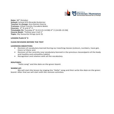 Lesson plan 9 | DOC | Educational Assessment | Education