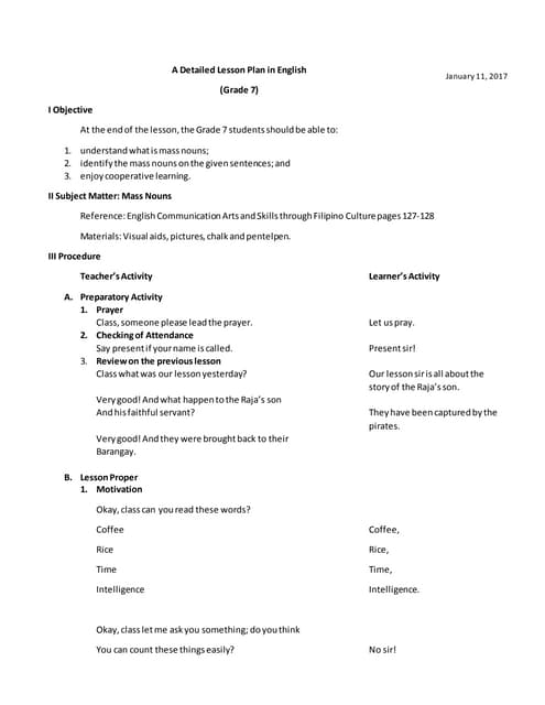 Detailed Lesson Plan for English (Language) Grade 6 | DOCX