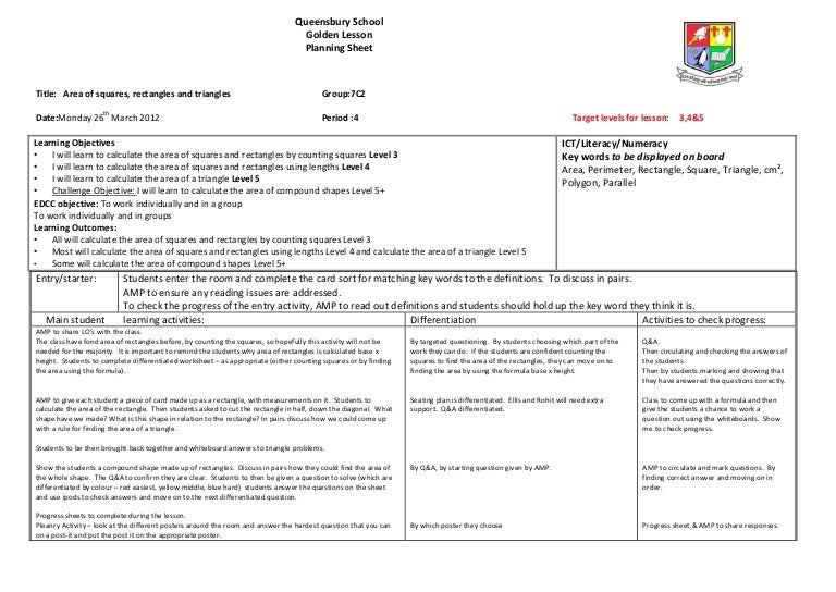 Lesson plan area of rectangles, triangles and compund shapes basic