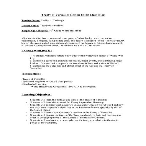Lesson Plan B Treaty Of Versailles | PDF | Homework and Study | Education