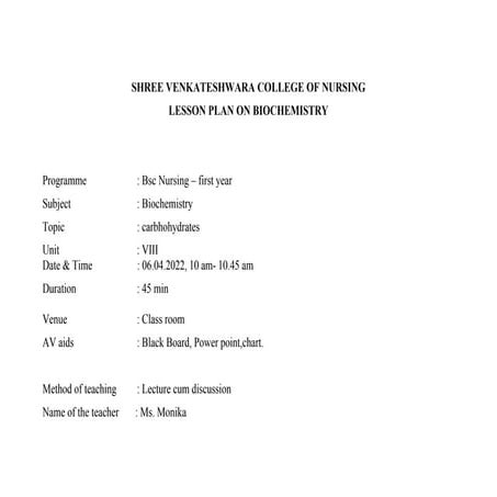LESSON PLAN BIOCHEMISTRY for nursing students | DOCX