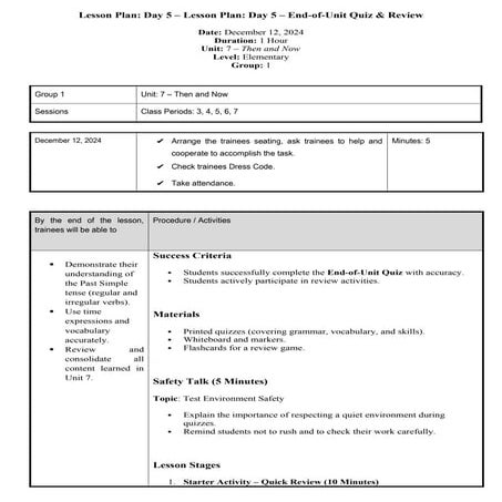 Safety Instructions Daily safety talk for class guidelines. | DOCX