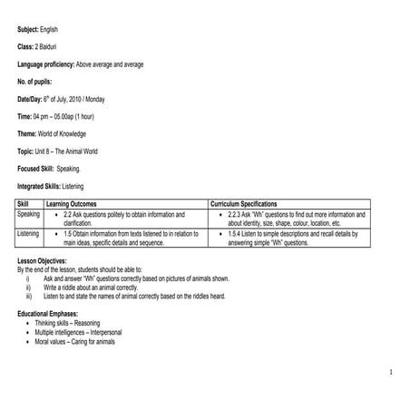 Lesson plan english year 2 | DOC