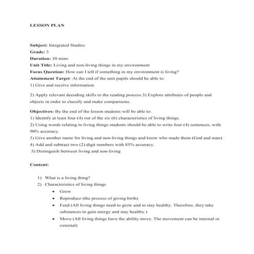 living and nonliving things Lesson plan | DOCX