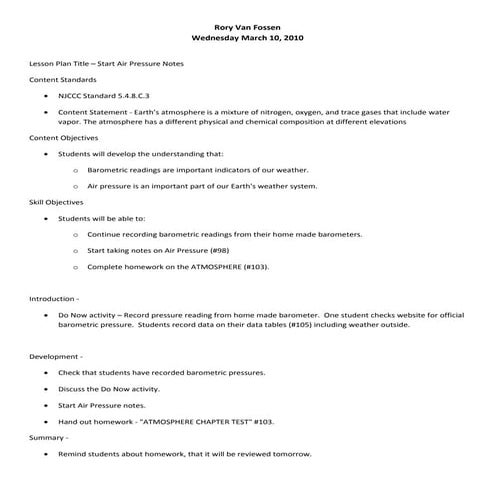 Lesson plan for air pressure notes mar 10 | DOC