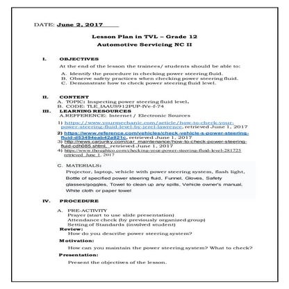 Lesson plan for automotive servicing | DOCX