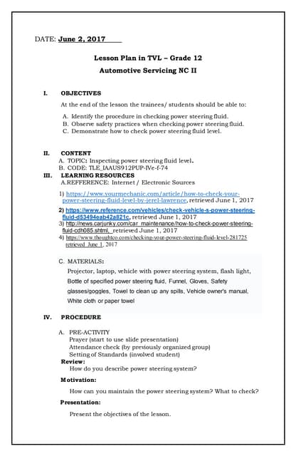 A detailed lesson plan in automotive | DOCX