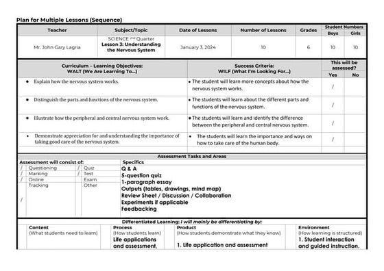 Lesson plan on Nervous system 10 | DOCX | Biological Sciences | Science