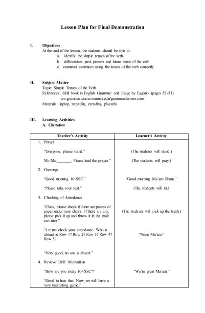 Detailed lesson plan for simple tense of verbs 5 | DOCX