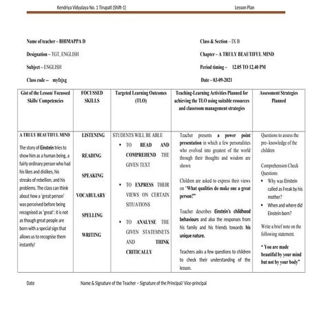 Lesson plan format Class XI English and XII | DOCX