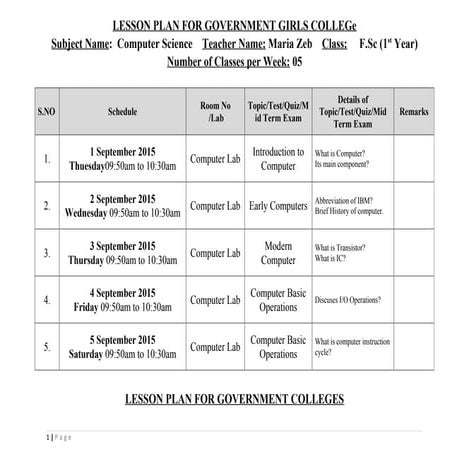 Lesson plan frst year computer | DOC