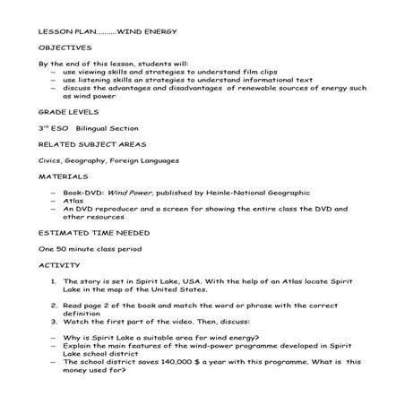 Lesson plan wind energy. Subject: History. Spainsh team. | PDF