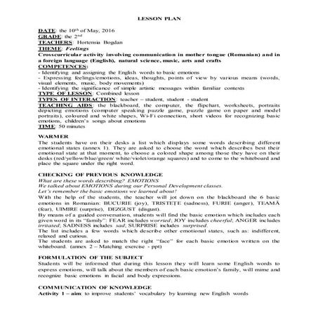 Feelings and emotions Elem RO1 | PDF