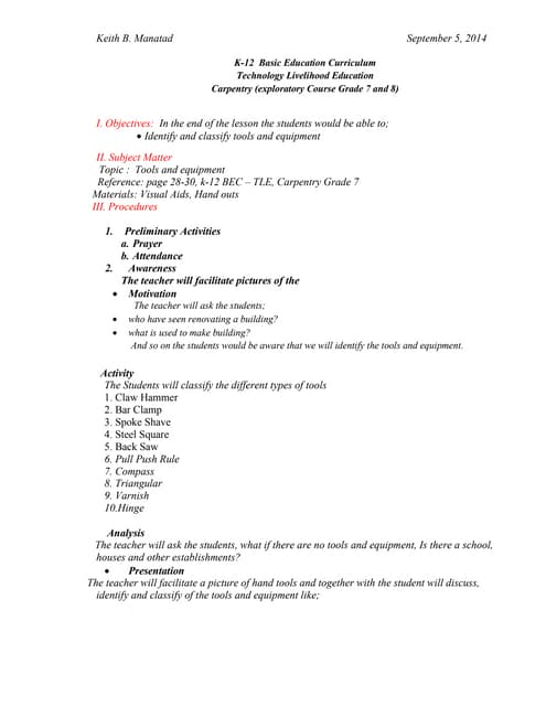 Classification of Hand Tools - PART 1 | PDF | Woodworking | Arts and Crafts