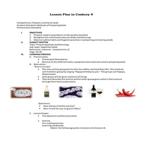 Lesson plan in cookery 9 | DOCX