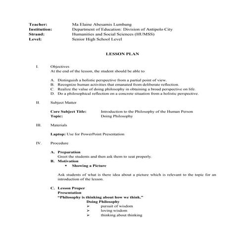 Lesson Plan in Introduction to Philosophy | DOCX