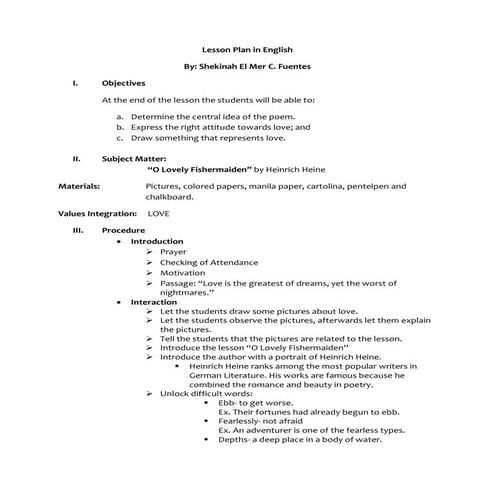 Lesson plan in english (o lovely fishermaiden) | DOCX